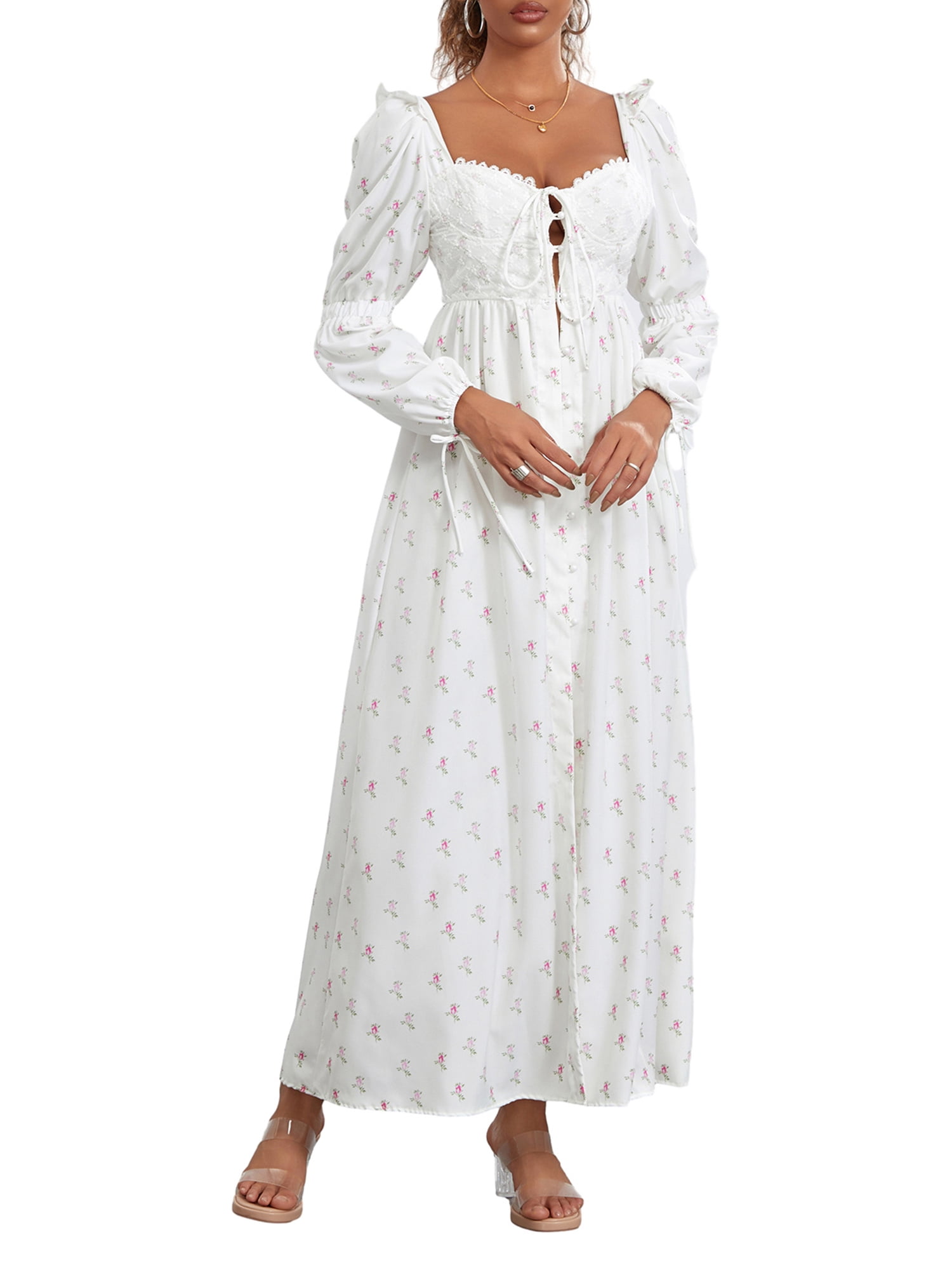 Biezeib Women’s Casual Dress Long Puff Sleeve Cross Tie-up Front Floral ...