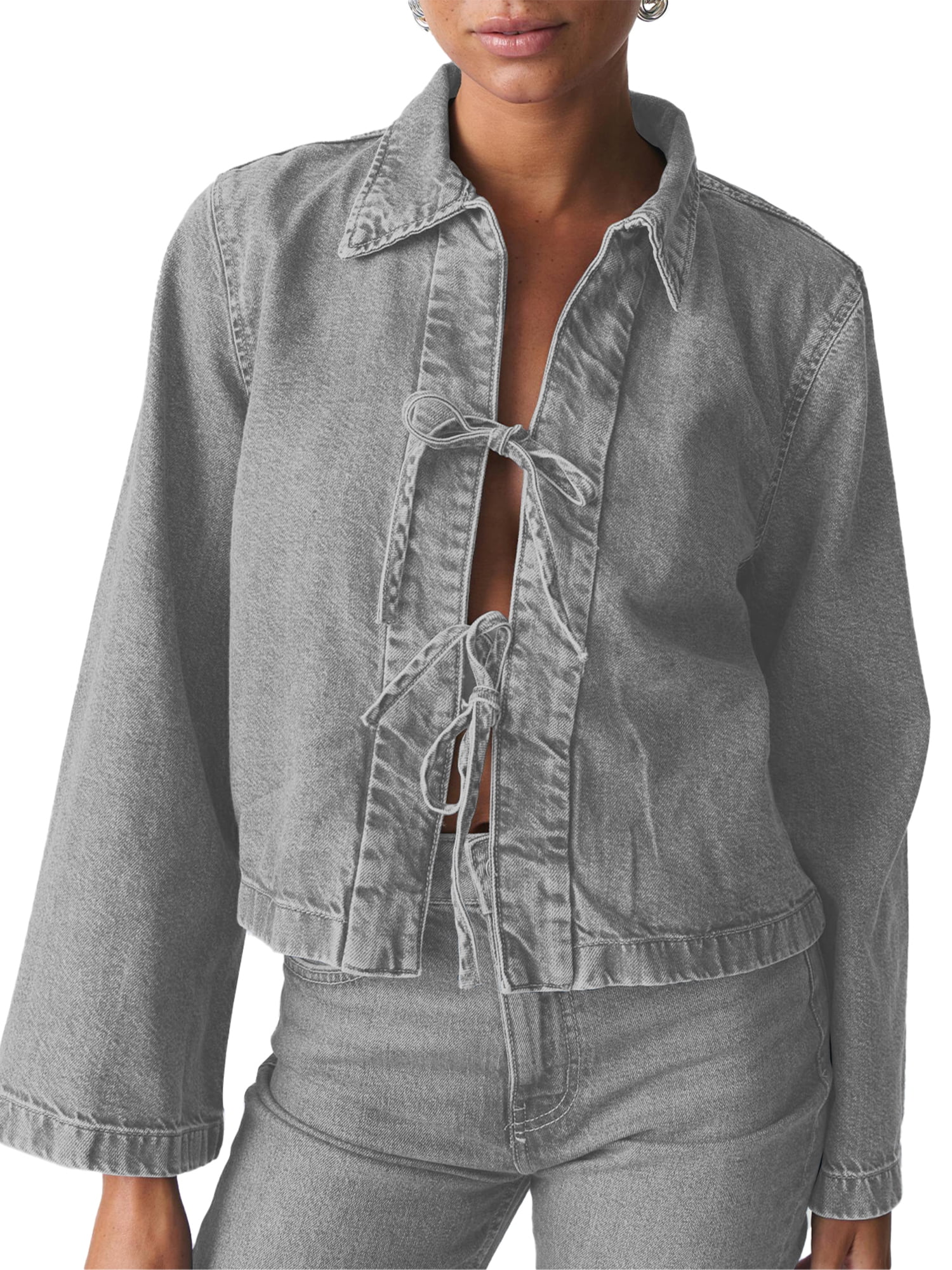 Biezeib Women's Denim Tie Front Jacket Lapel Neck Solid Color Long ...