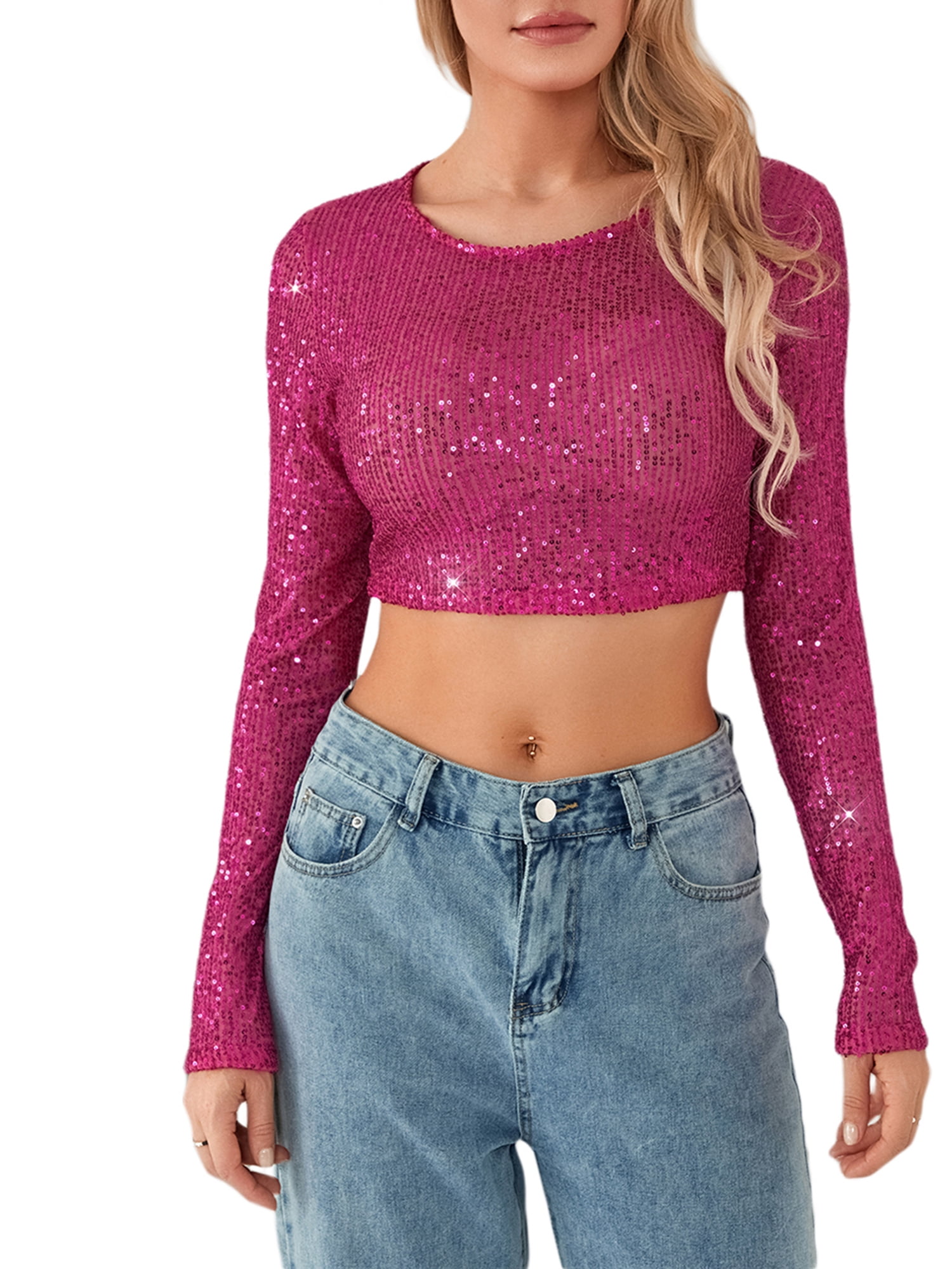 Biezeib Women’s Full Sequin Cropped Tops Long Sleeve Round Neck Show ...