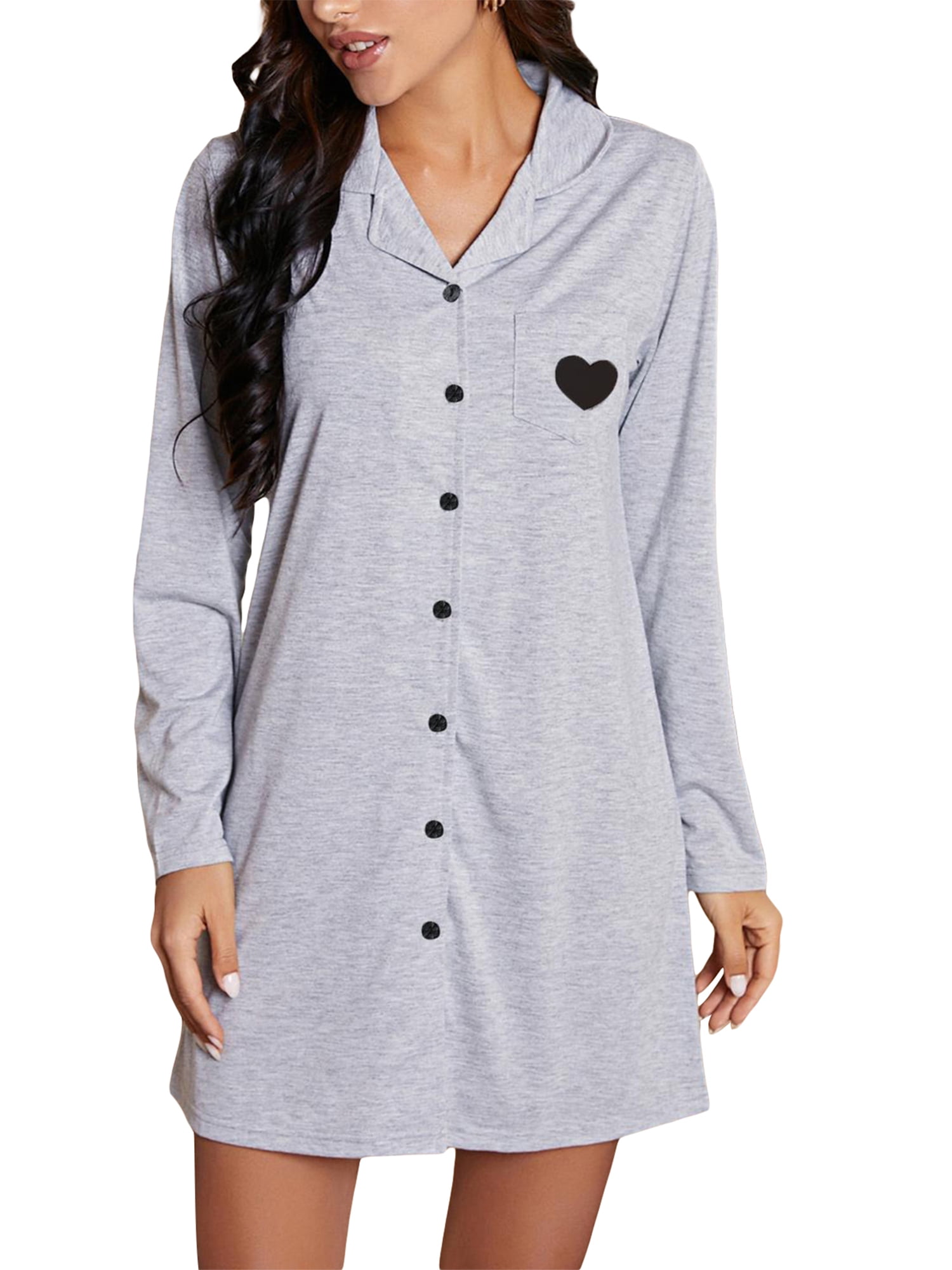 Biezeib Women's Nightgown Sleepwear Long Sleeve Button Down Nightshirt ...