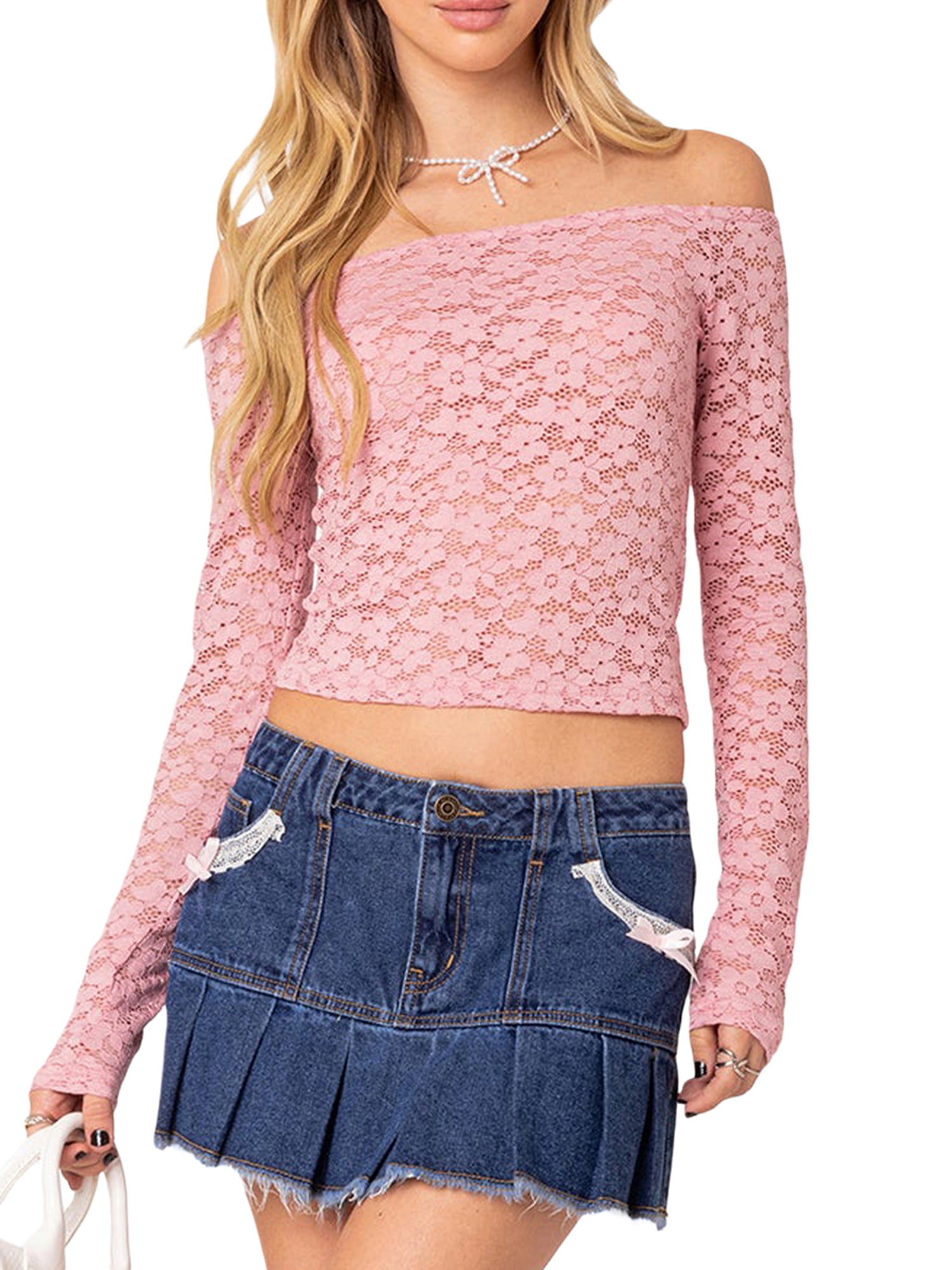 Biezeib Women’s Sheer Lace Crop Tops Off Shoulder Long Sleeve See ...