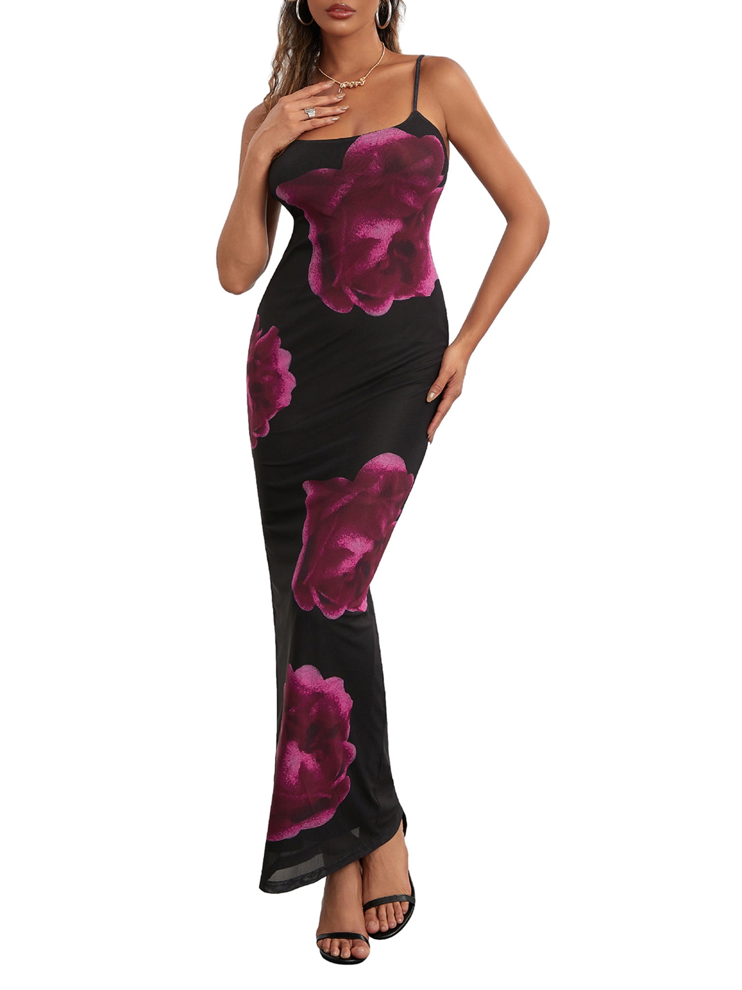 Biezeib Women’s Sleeveless Dress Slim Flower Print Back Hem Split Long ...