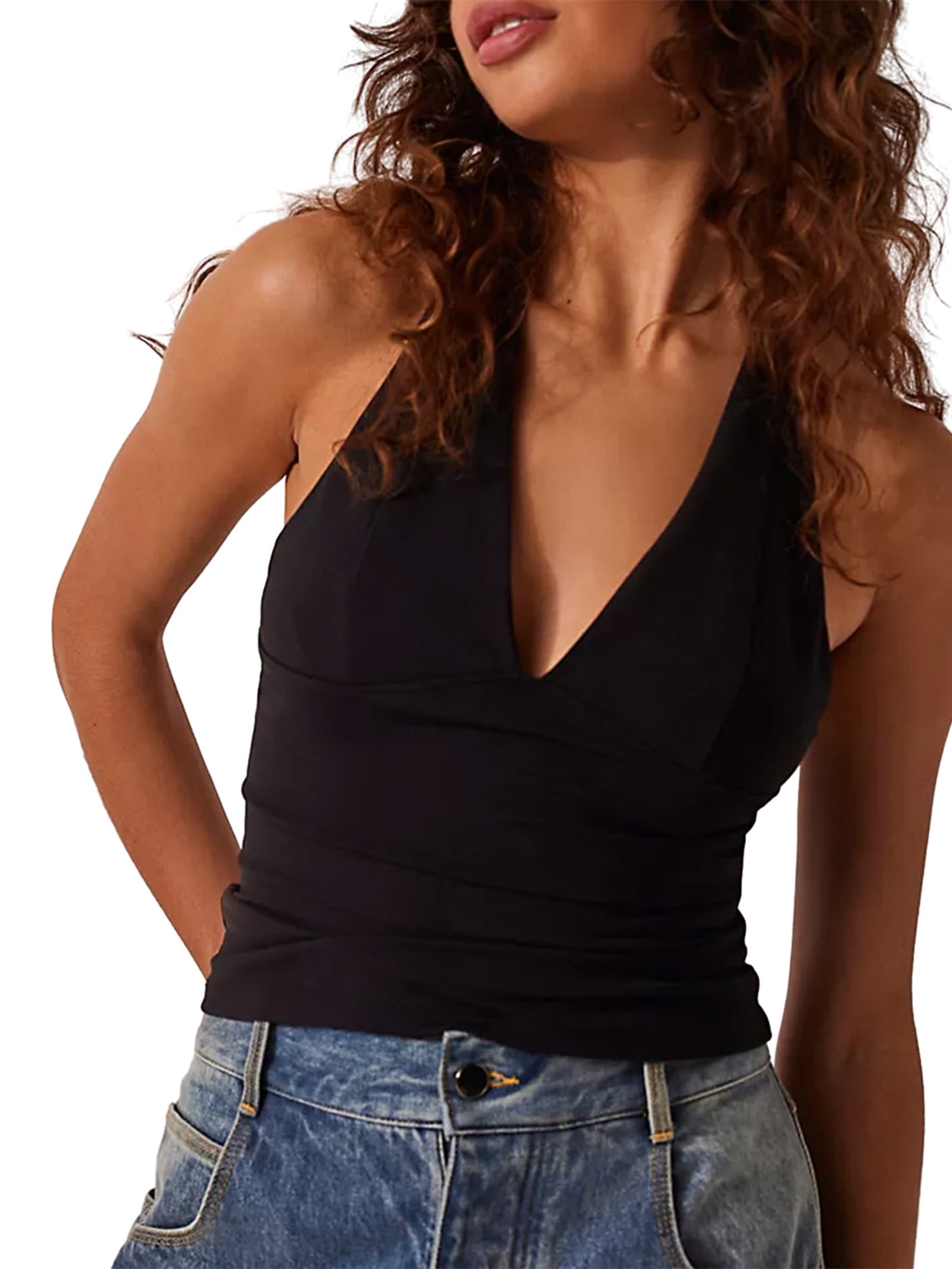 Biezeib Women's Summer Halter Tank Tops Sleeveless Open Back Solid Color Slim Fit Tops Shirts ...