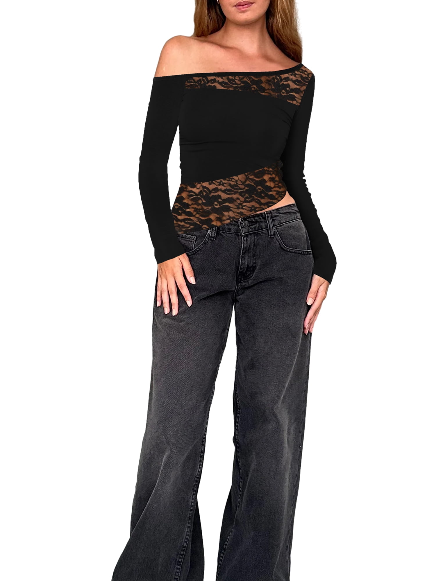 Biezeib Women's Summer Off Shoulder Tops Sheer Lace Patchwork Long ...