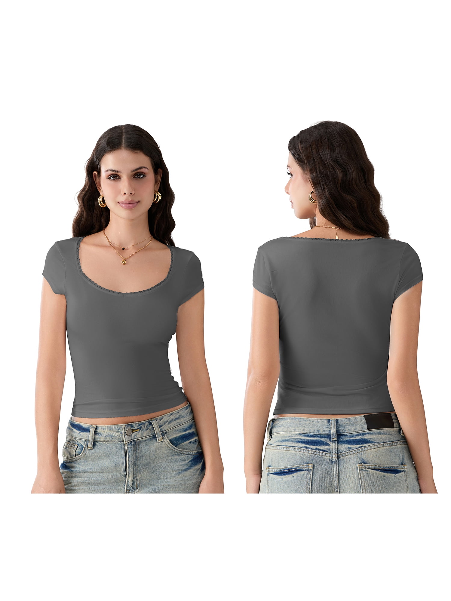 Biezeib Women's T-Shirt Casual Slim Fit Sweetheart Neck Cap Sleeve ...