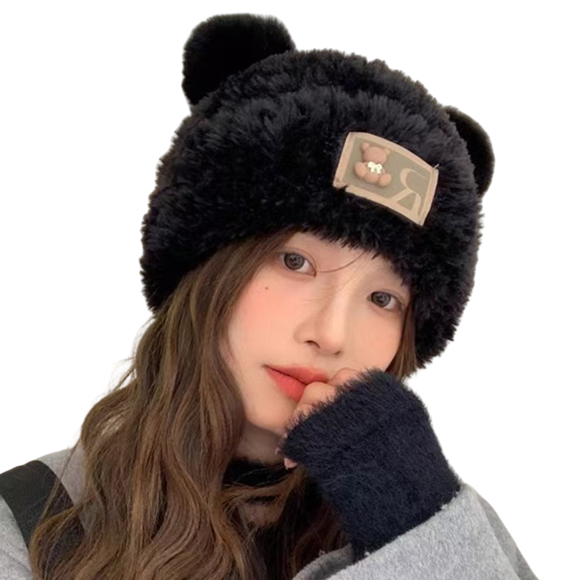 Biezeib Women's Winter Furry Hats Bear Shaped Warm Cozy Cute Girls Plush Hats for Daily Life ...