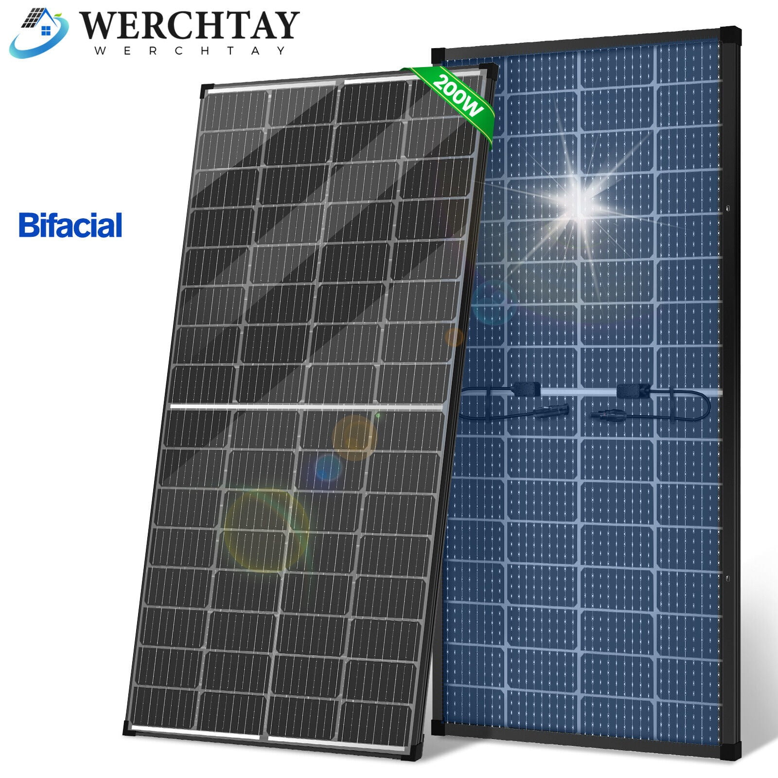WERCHTAY Bifacial Solar Panel 200W 12V Battery Home PV Off-Grid Boat ...