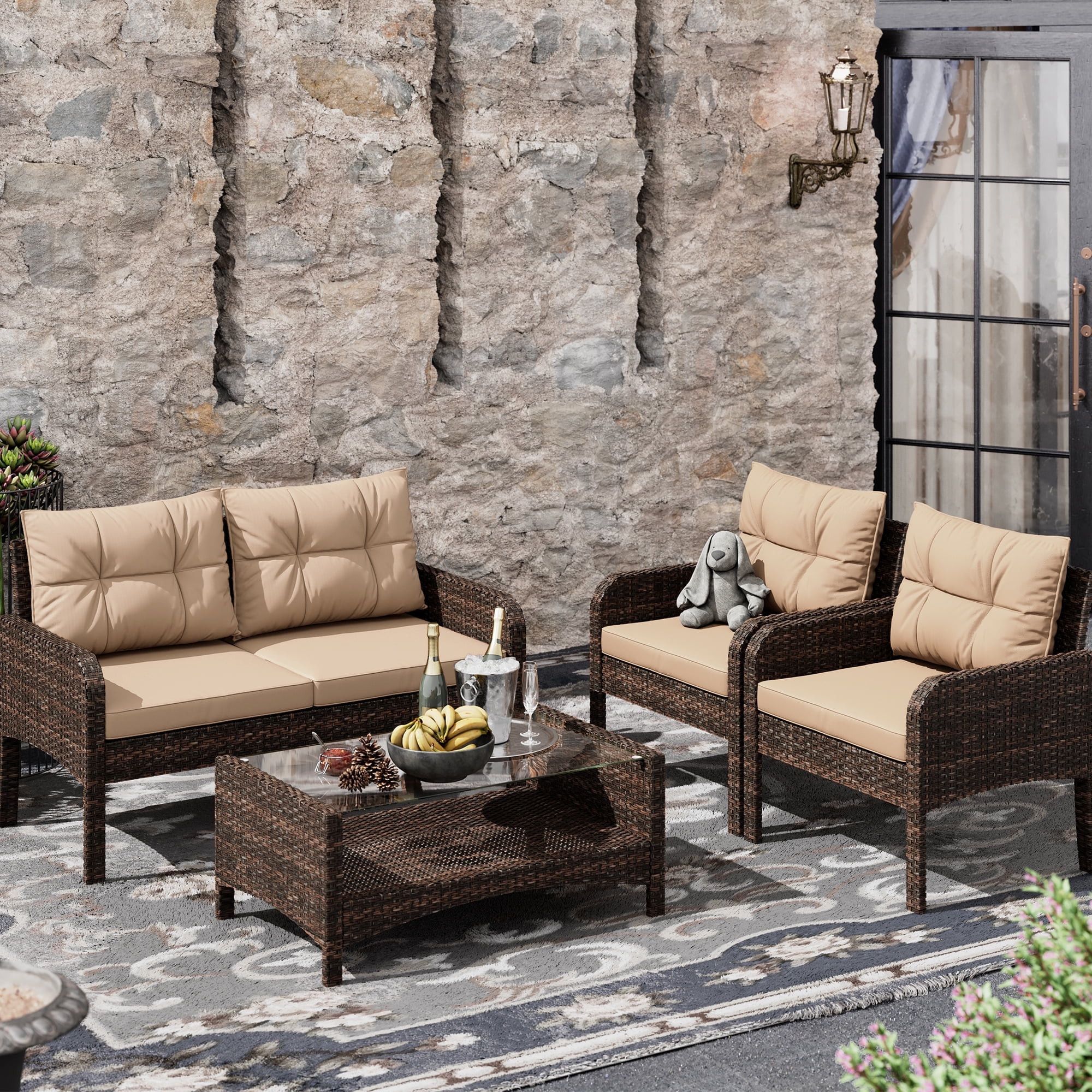 Bifanuo 4-Piece Patio Furniture Set Outdoor Rattan Wicker Sofa Set with ...