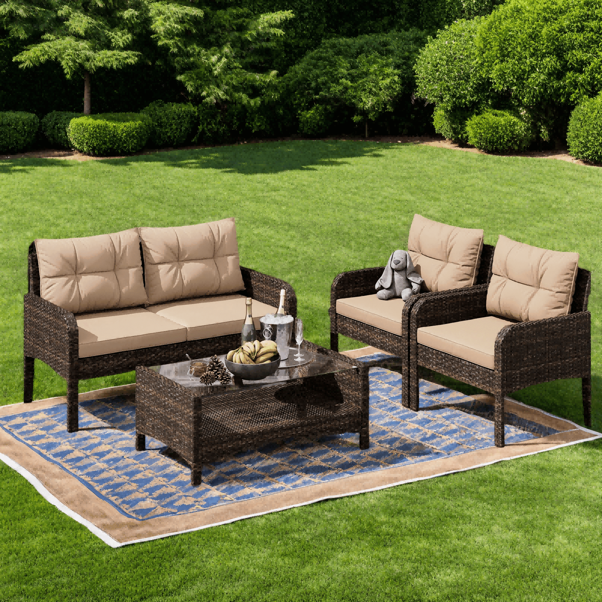 Bifanuo 4-Piece Outdoor Rattan Wicker Patio Set with Loveseat, Cushions ...