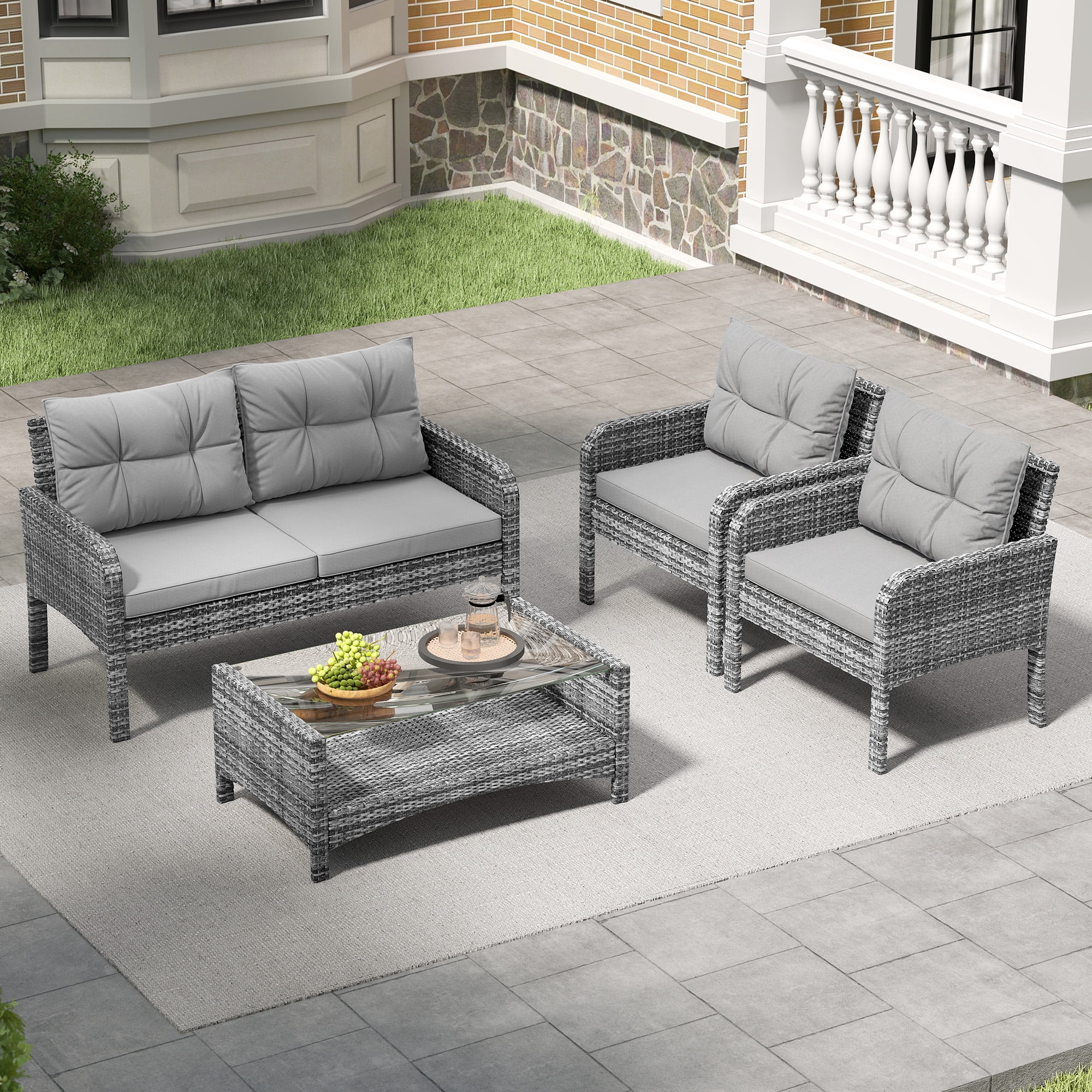 Bifanuo 4-Piece Patio Furniture Set Outdoor Rattan Wicker Sofa Set with ...