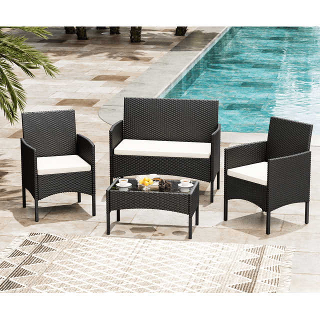 Esmlada 4-Piece Rattan Wicker Patio Furniture Set with Cushions, Coffee ...