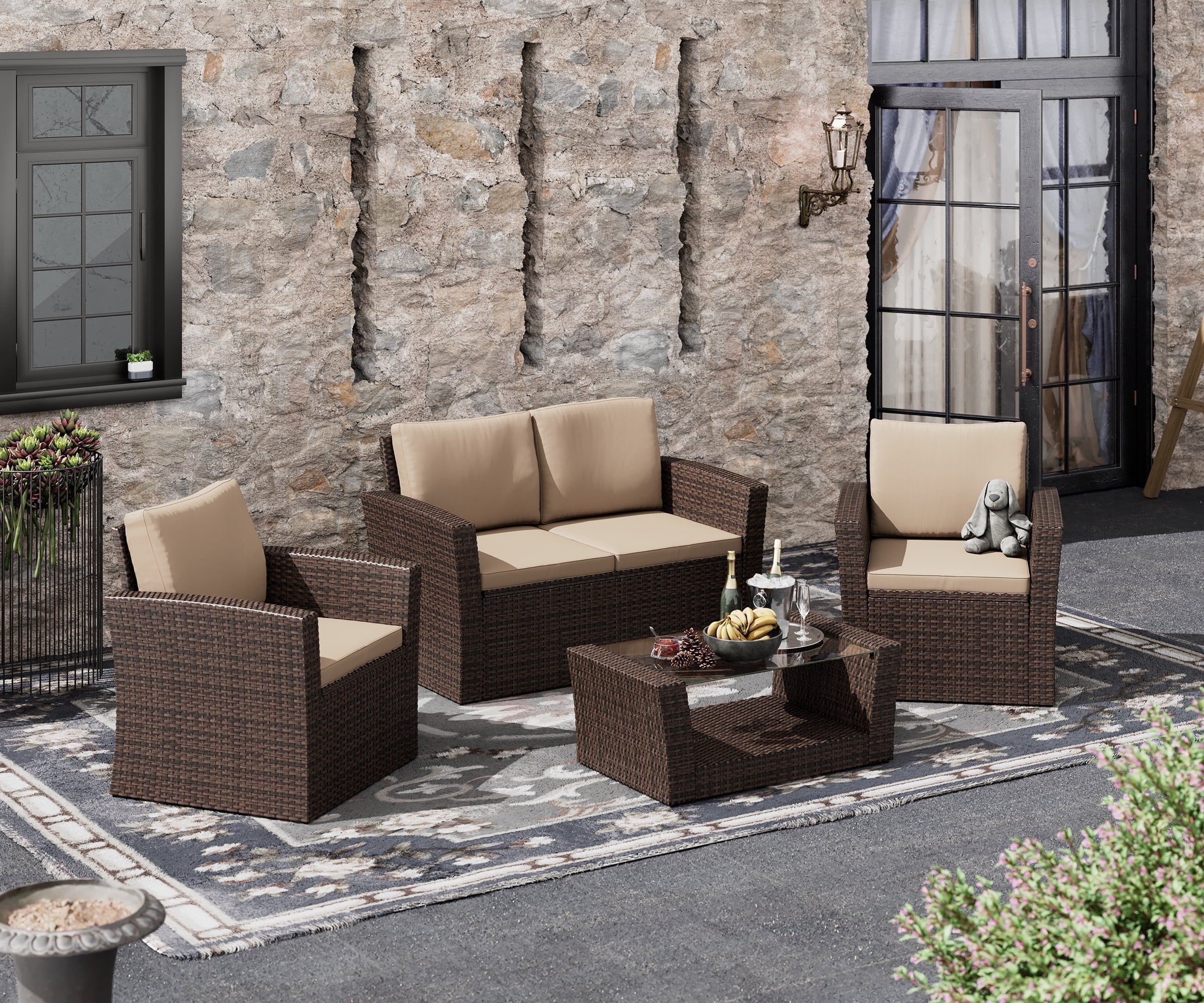 Bifanuo 4PCS Patio Furniture Set, Outdoor Conversation Sets with Rattan ...
