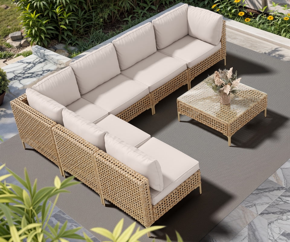 Bifanuo 7-Piece Wicker Patio Furniture Set, Boho Outdoor Conversation ...