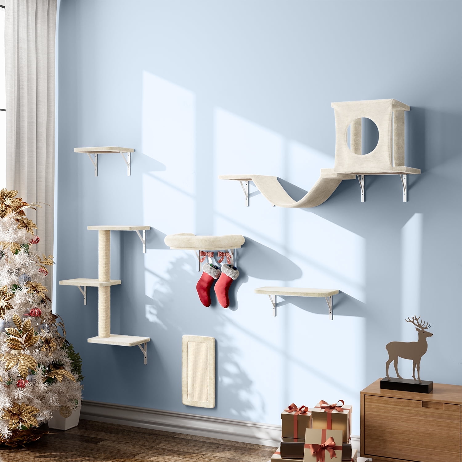 Bifanuo Cat Wall Shelves, 6 Pcs Luxury Wall-Mounted Cat Climber Set ...