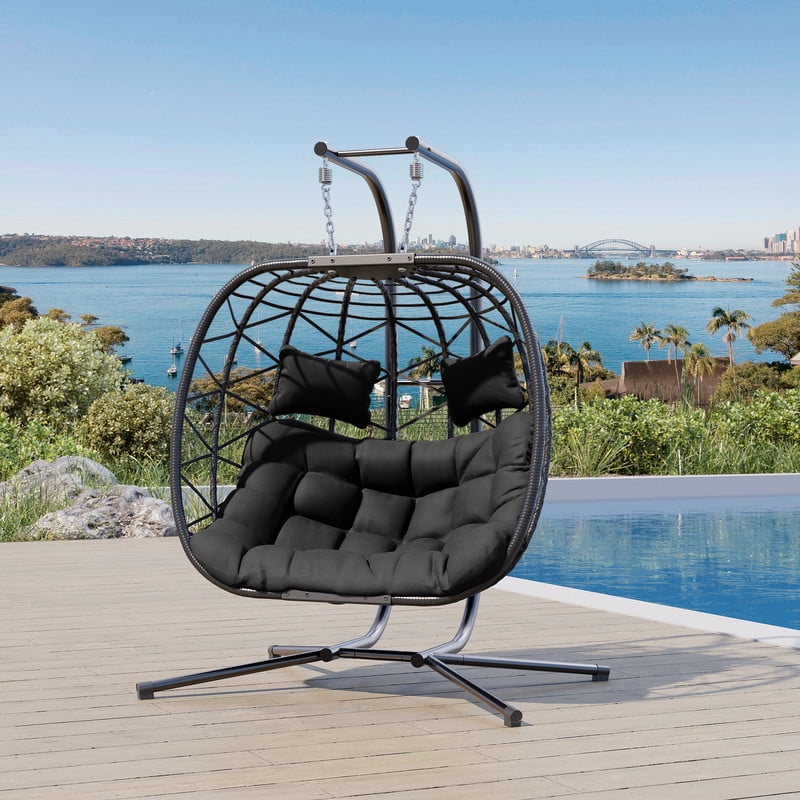 Bifanuo Indoor Outdoor Wicker Swing Egg Chair Hammock Hanging Chair Nest Basket with Stand UV Resistant Removable Washable Cushions 350LB Capacity for Bedroom Balcony Garden and Poolside Grey Shop Bla...