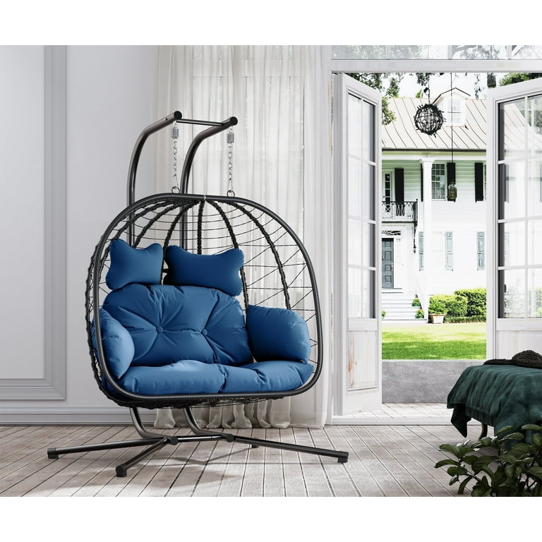 Bifanuo Double Wicker Swing Egg Chair Hammock Foldable Hanging Loveseat with Stand UV Resistant Removable Cushions 700lbs Capacity for Bedroom