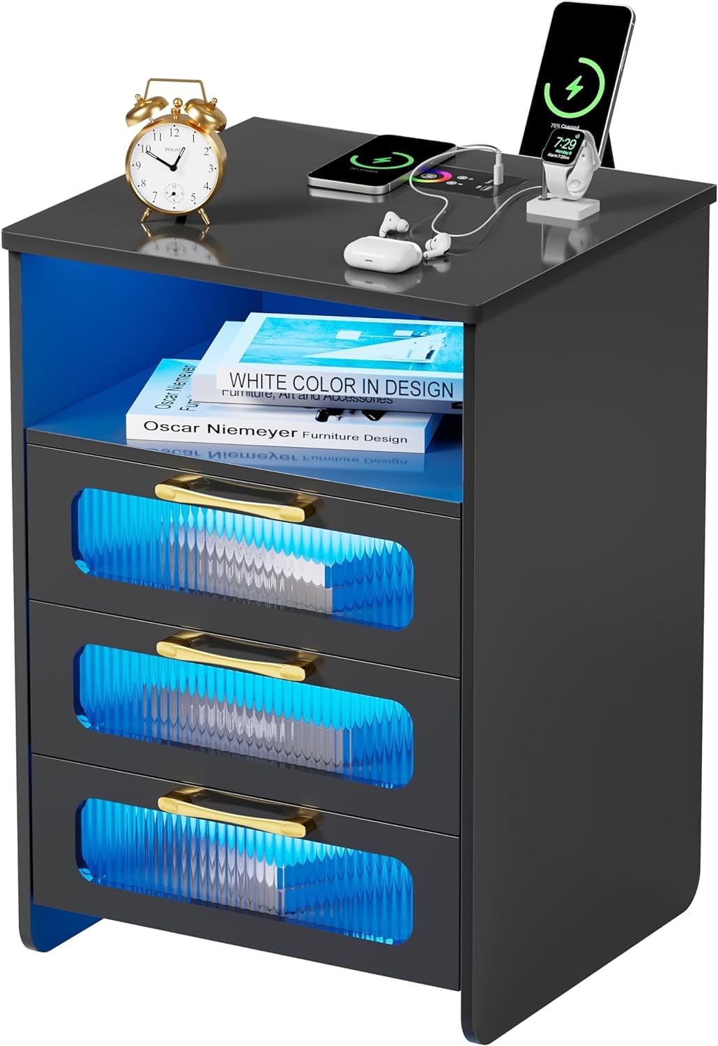 Bifanuo LED Nightstand with Wireless Charging Station, 3 Drawer Modern ...