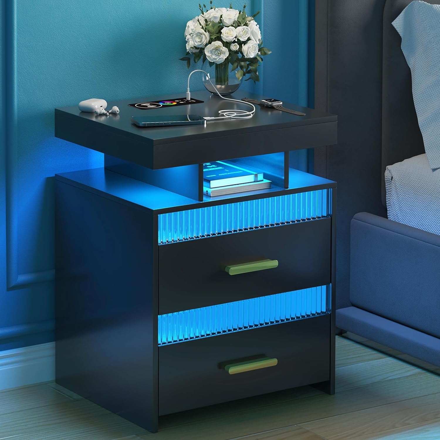 BiFanuo Nightstand with Charging Station, 2 Drawers, RGB Sensor LED ...