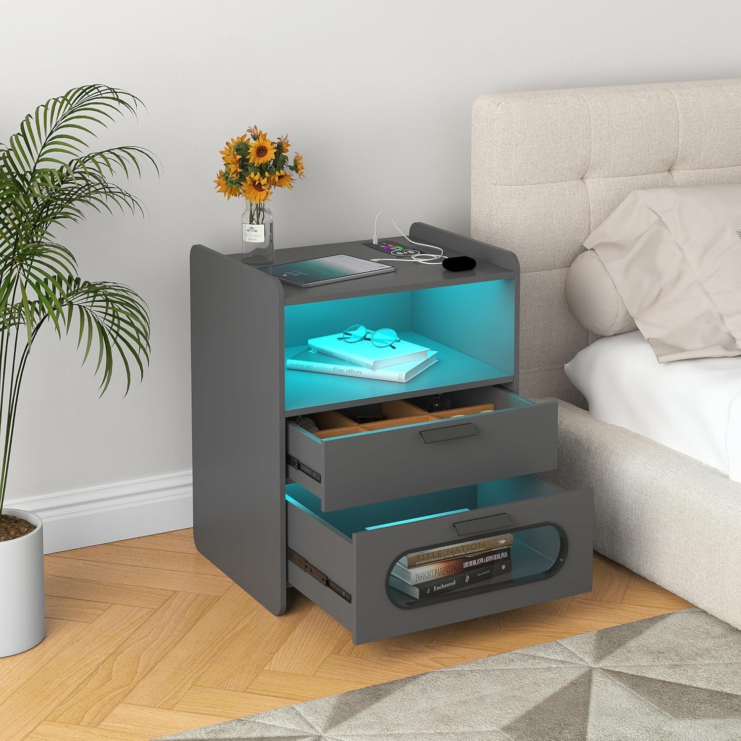 Bifanuo Nightstand with Wireless Charging Station, Smart Night Stand ...