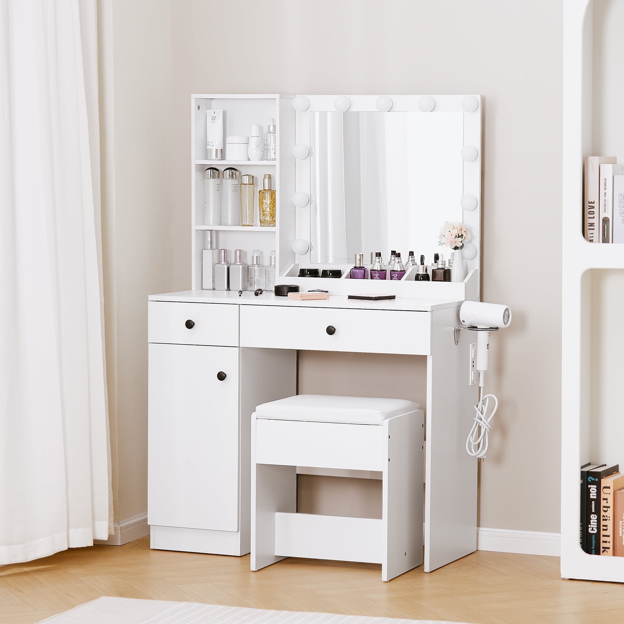 Bifanuo Vanity Desk Set with 11 bulbs Mirror & Power Outlet, Modern ...