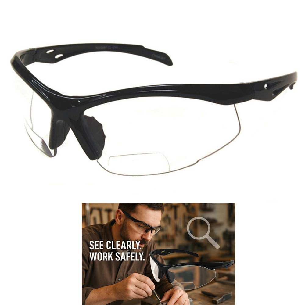 Bifocal Magnifier Reader Safety Glasses Clear Lens +1.50 Black Frame ...