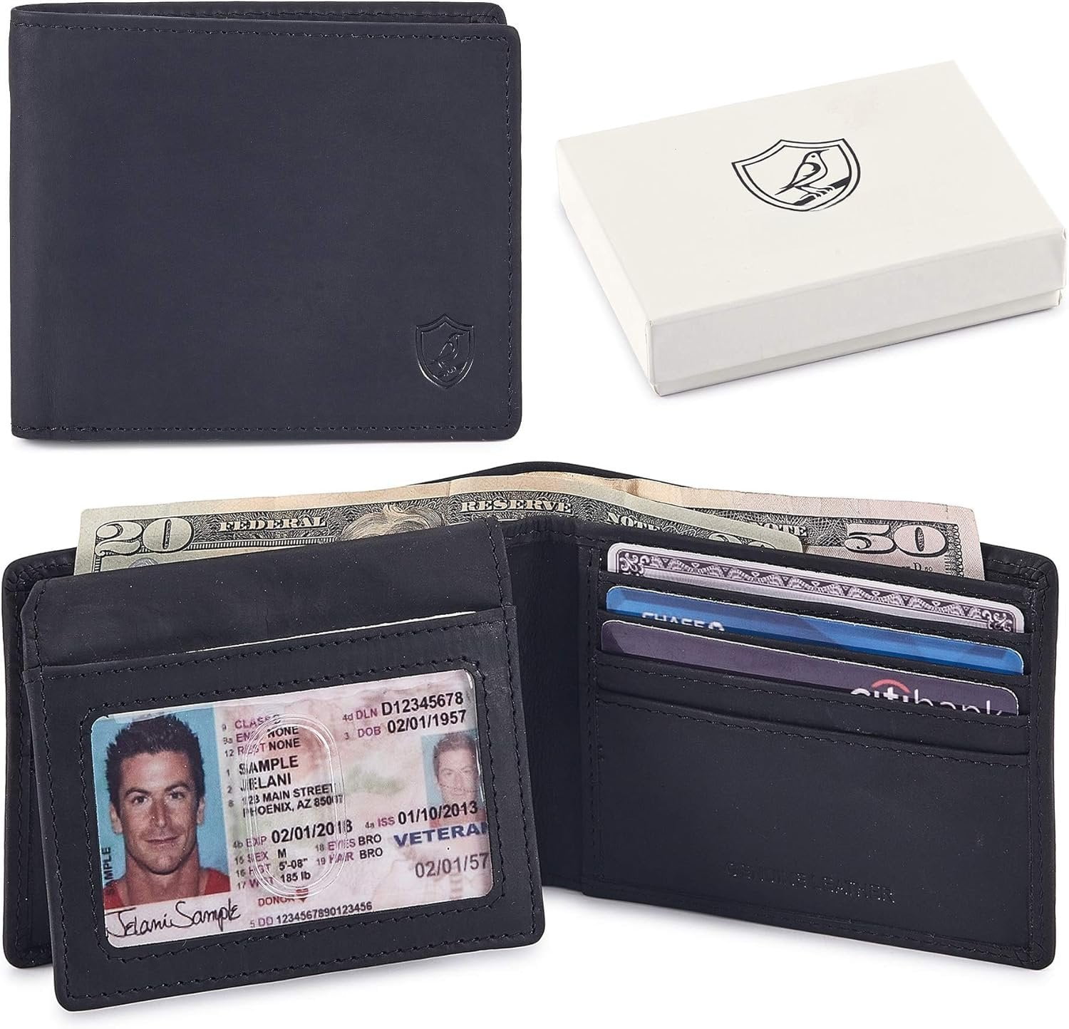 Bifold Wallet for Men's Real Genuine Slim Leather RFID Blocking 2 ID ...