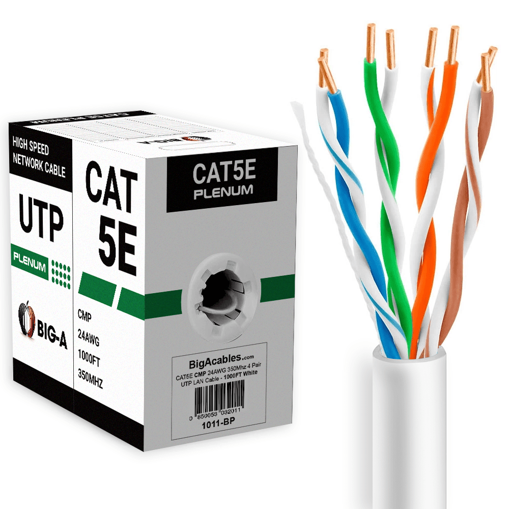 Big-A - 1000ft Cat5e Plenum Ethernet Cable, White, 350MHz, 24AWG UTP ...