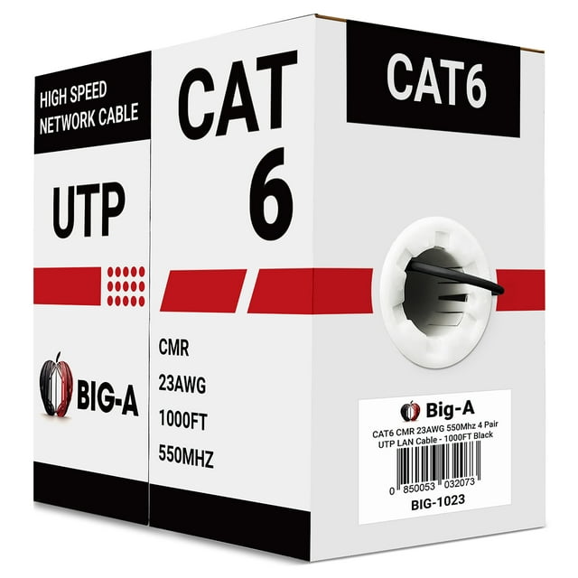 Big-A - Bulk Cat6 Cable 1000ft 23AWG Solid 4 Pair, Cat 6 Ethernet Cable ...