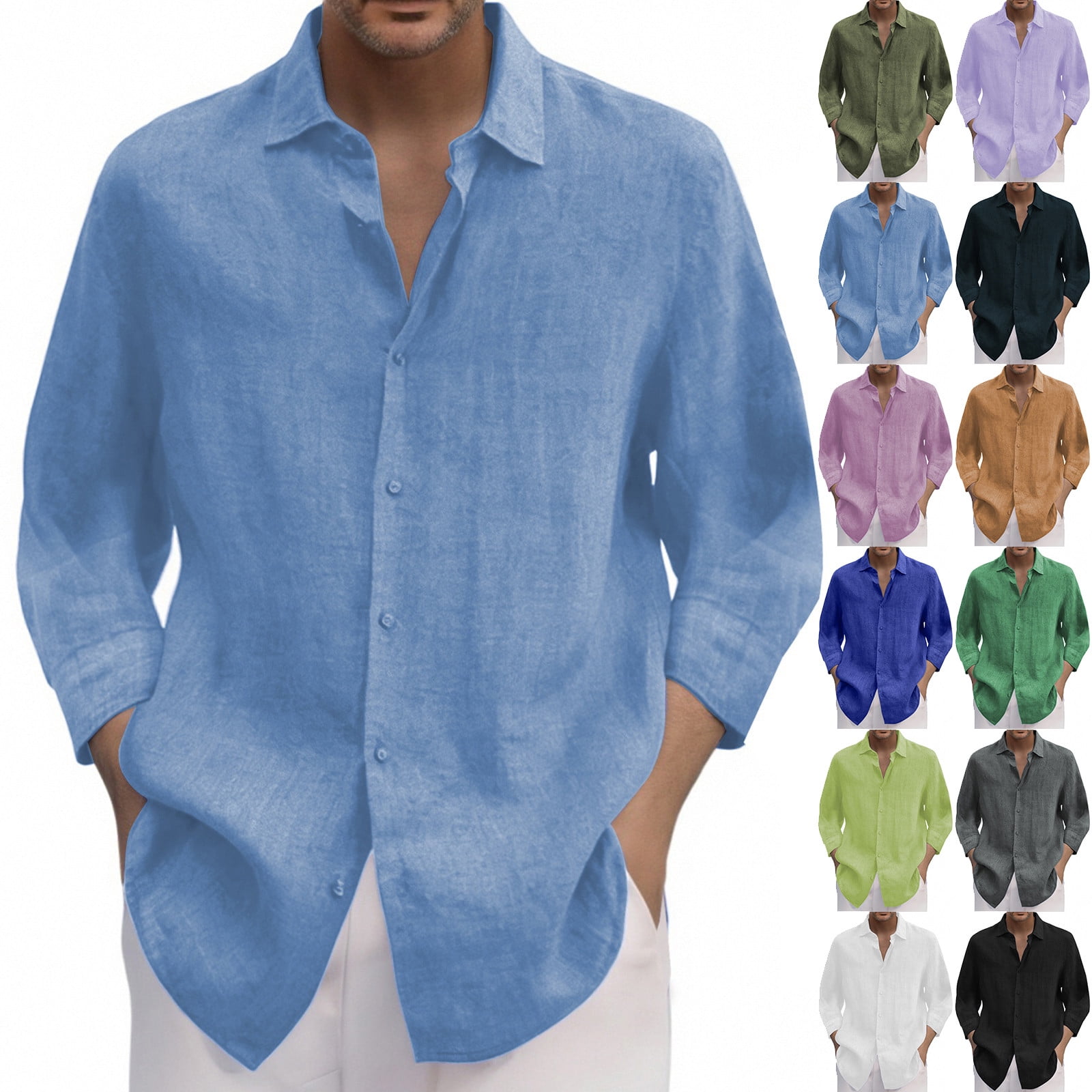 Big And Tall Dress Shirts Men Plus Size 3/4 Sleeve Solid Color V Neck Casual Lapel Long Sleeve ...