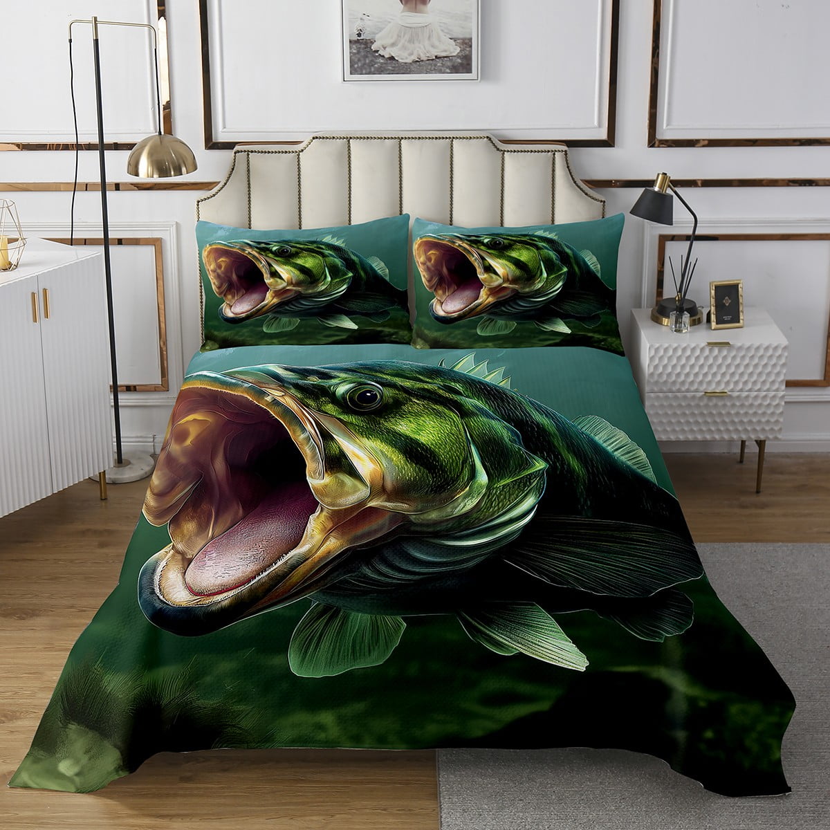 Big Bass Fish King Quilt Set Sea Ocean Animal Coverlet Set, Pike Fish ...