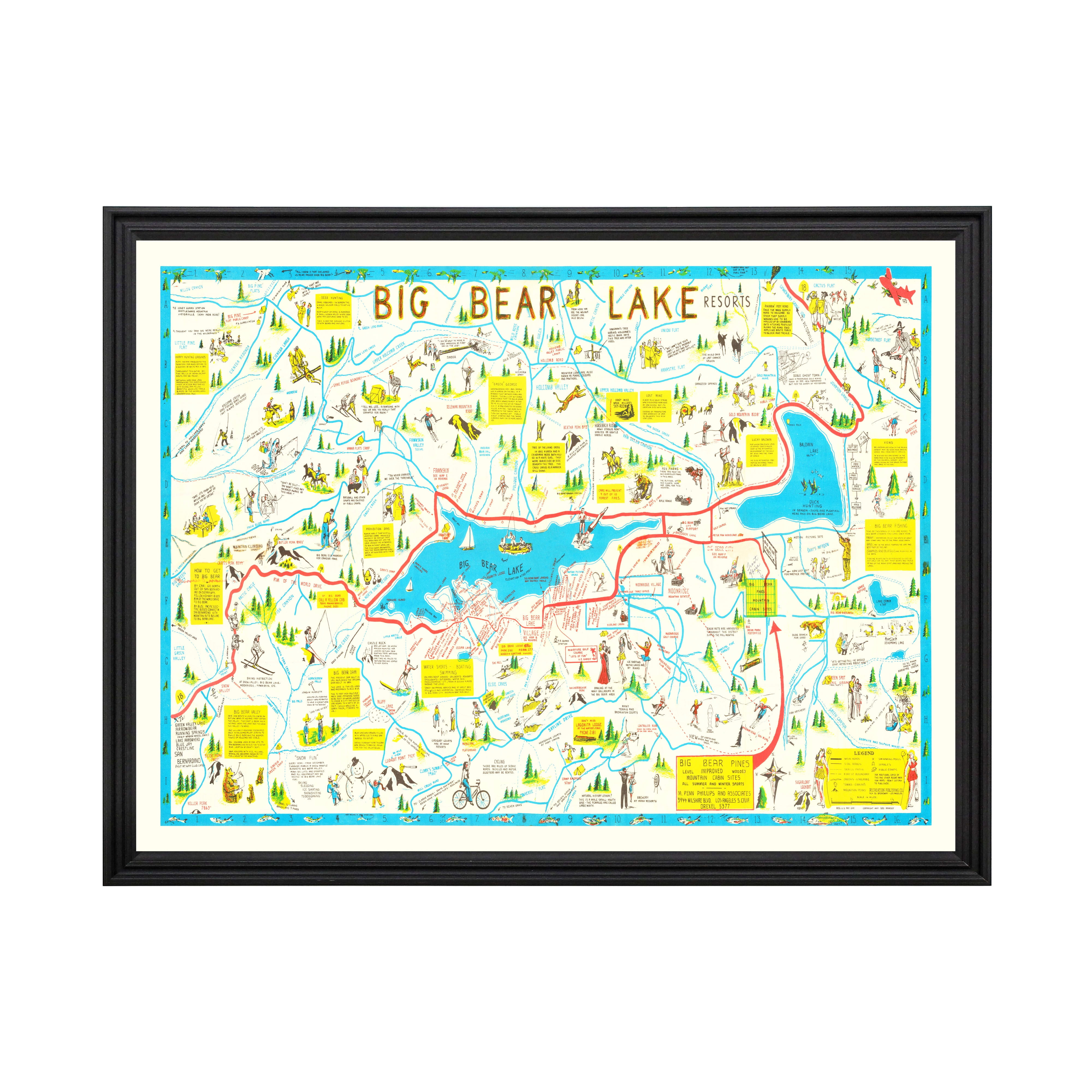 Big Bear Lake Art, 1947 Vintage Map of Big Bear Lake History Wall Decor ...