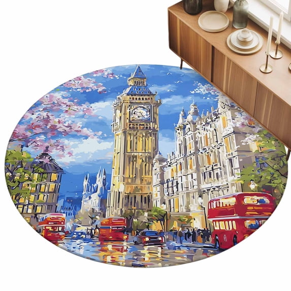 Big Ben 6ft Non Slip Round Area Rug Spring Cherry Blossoms Red Bus ...