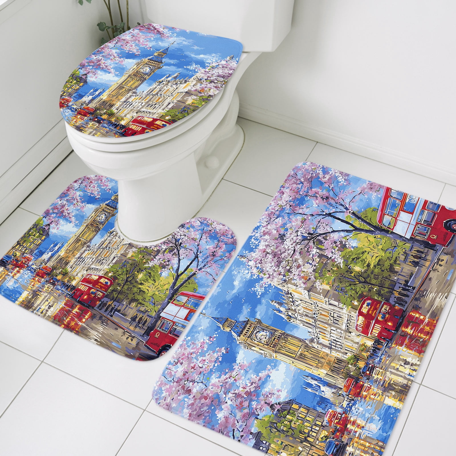 Big Ben Bathroom Rugs Set Spring Cherry Blossoms Red Bus Impressionist ...