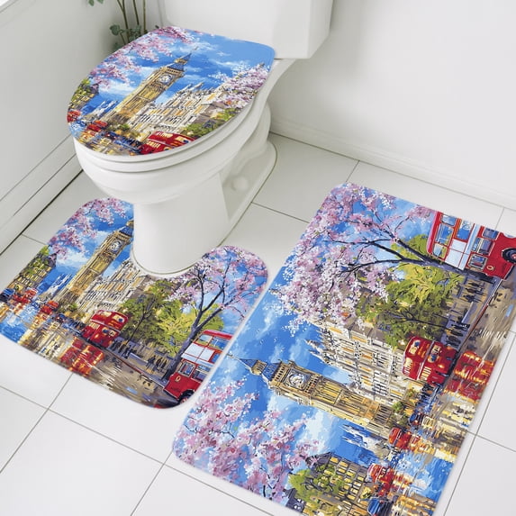 Big Ben Bathroom Rugs Set Spring Cherry Blossoms Red Bus Impressionist ...