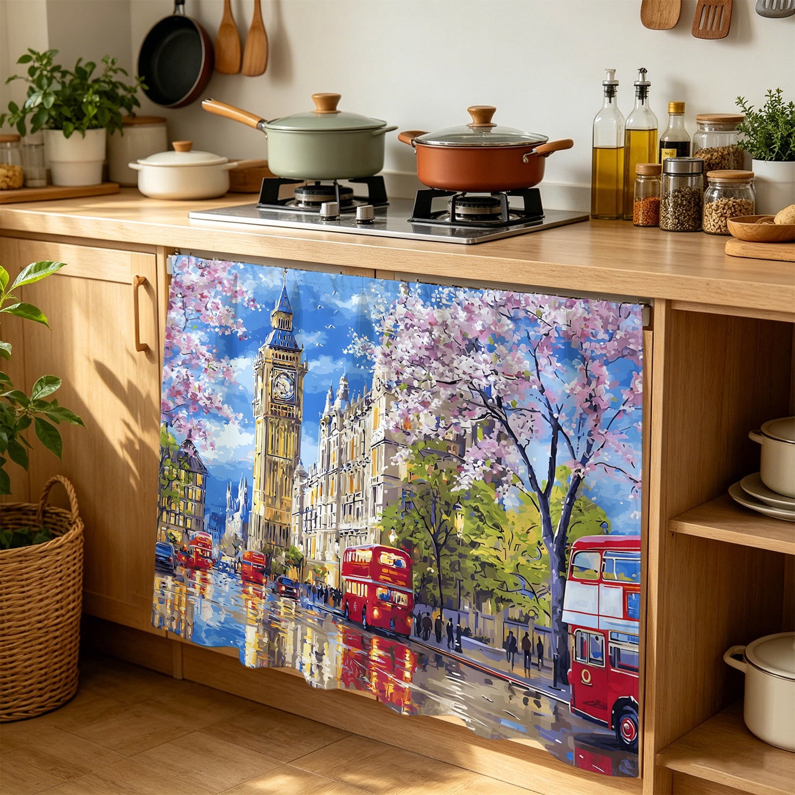 Big Ben Cabinet Curtains 35" W x 35" L, Spring Cherry Blossoms Red Bus ...