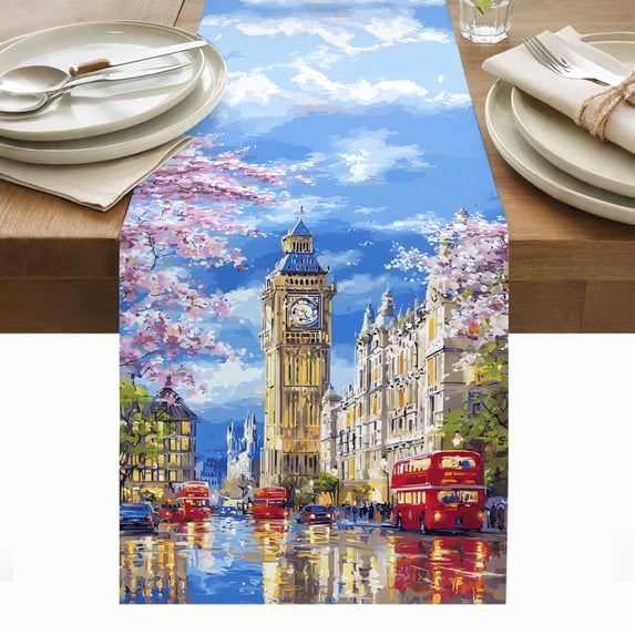 Big Ben Cotton Linen Table Runner Spring Cherry Blossoms Red Bus ...