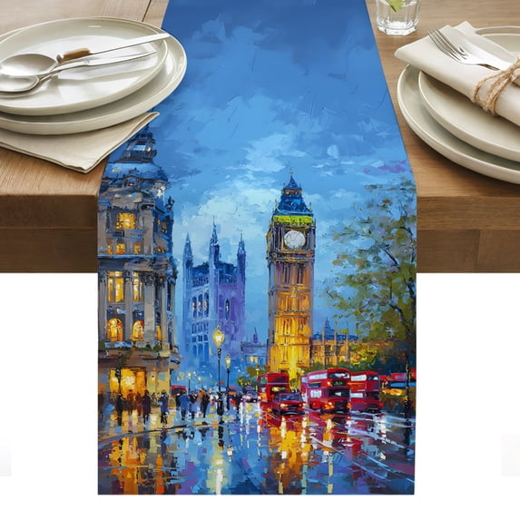 Big Ben Cotton Linen Table Runner Urban Street Red Bus Impressionist ...