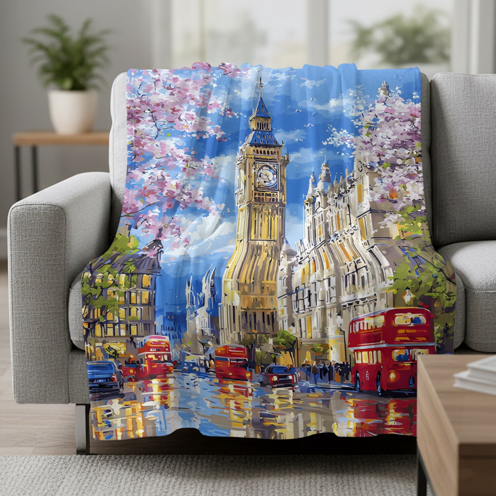 Big Ben Fleece Throw Blanket Spring Cherry Blossoms Red Bus ...