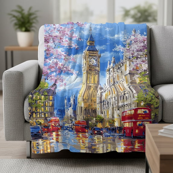 Big Ben Fleece Throw Blanket Spring Cherry Blossoms Red Bus ...