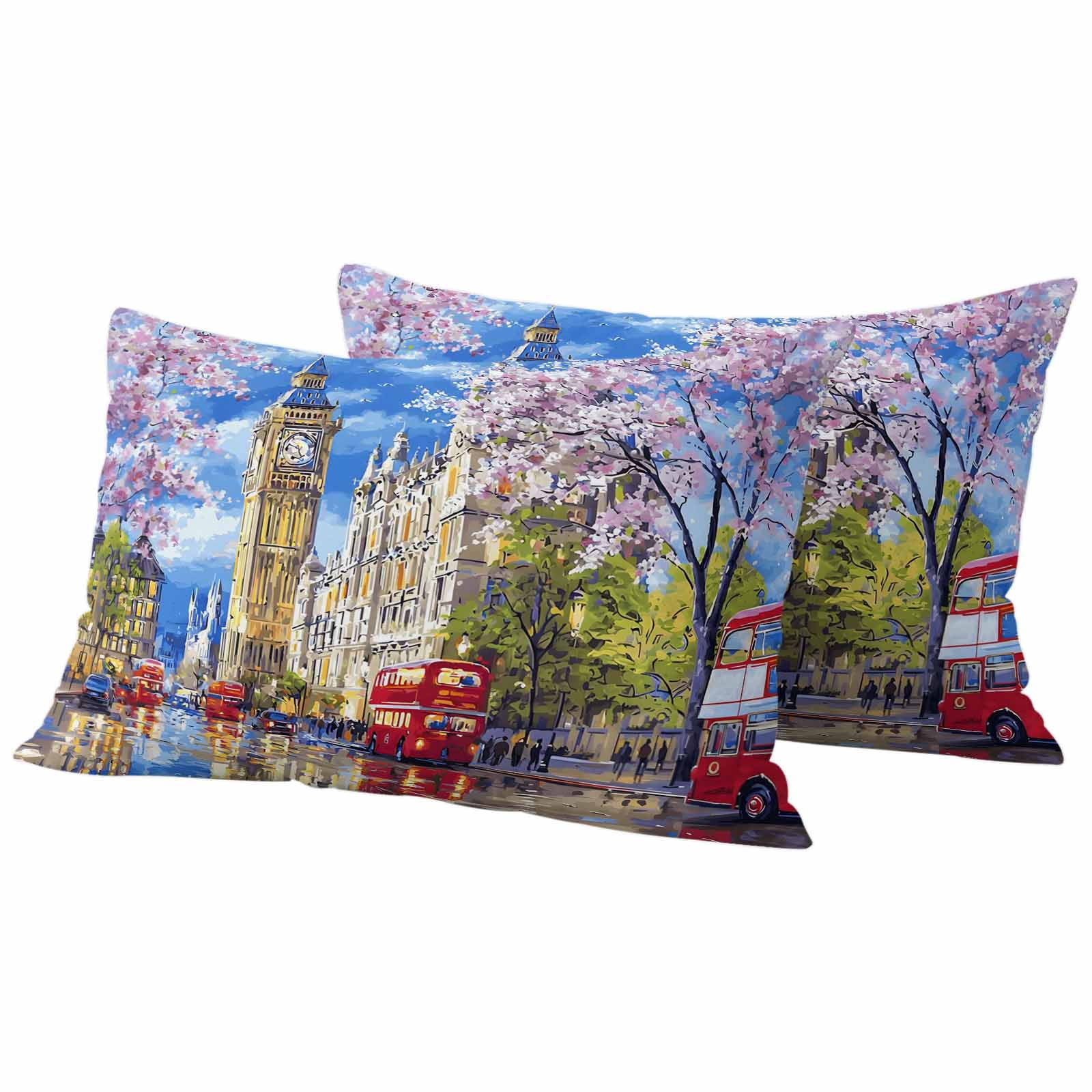 Big Ben Outdoor Pillow Covers Set of 2 Spring Cherry Blossoms Red Bus ...