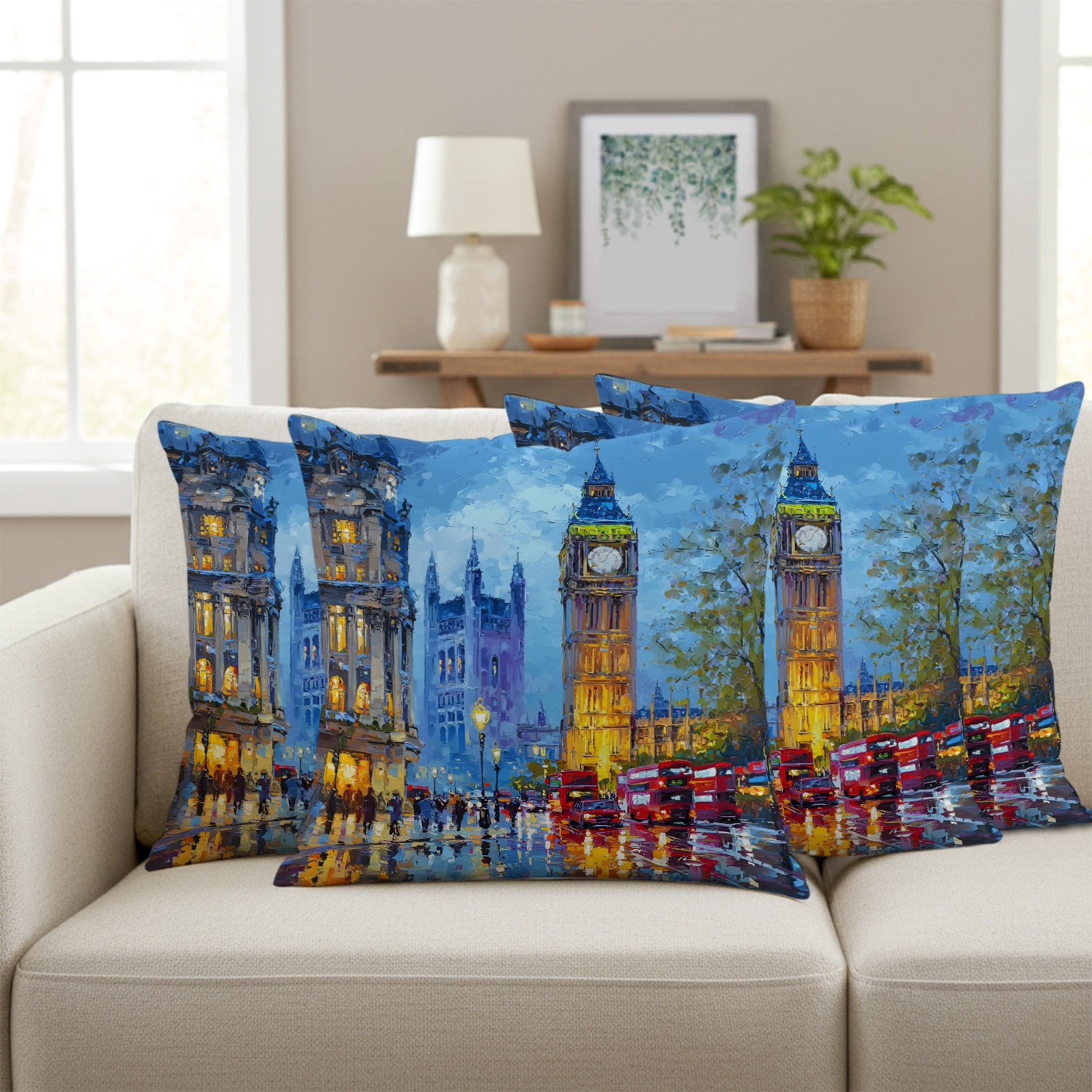 Big Ben Pillow Covers Set of 4, Urban Street Red Bus Impressionist ...