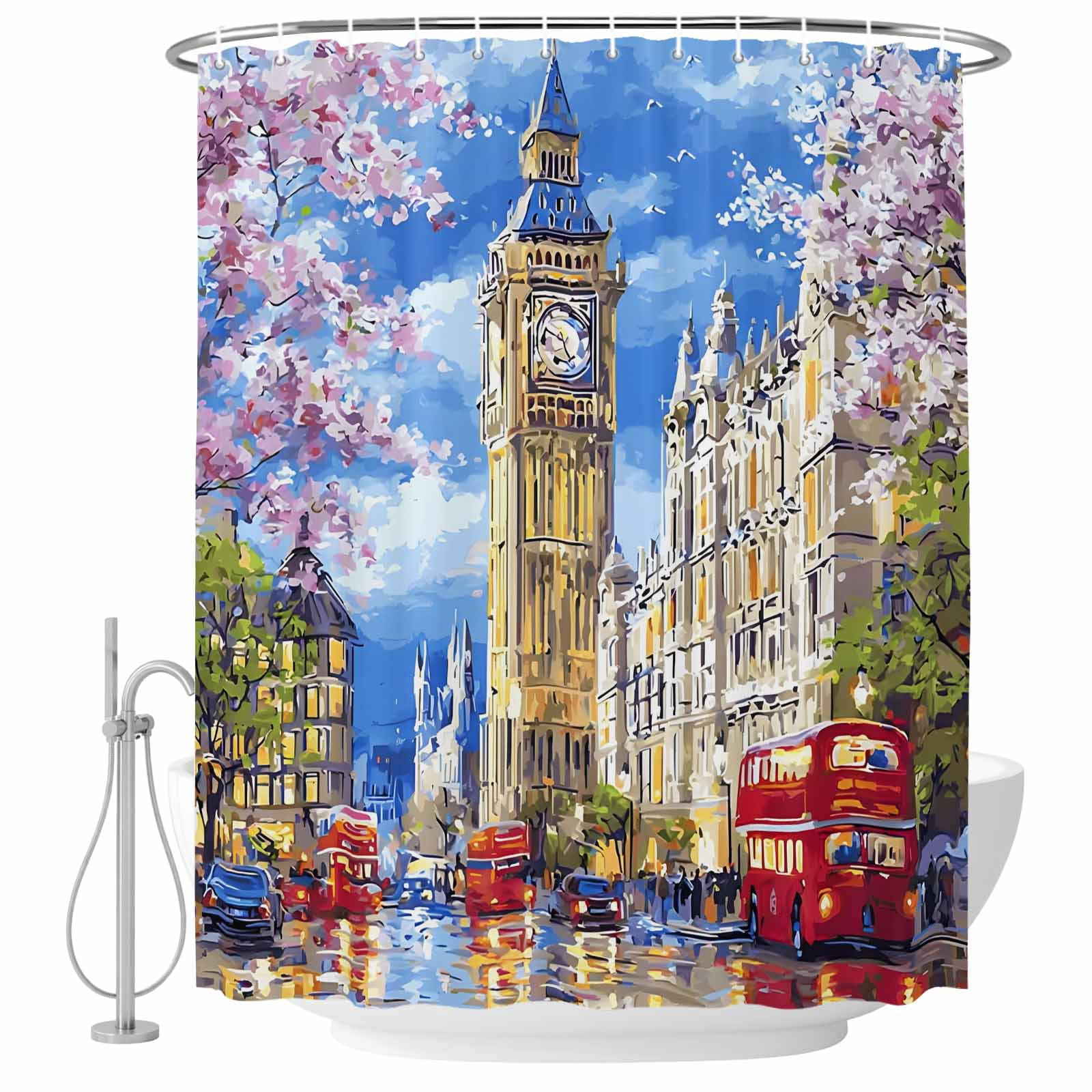 Big Ben Shower Curtain Set with Hooks, Spring Cherry Blossoms Red Bus ...