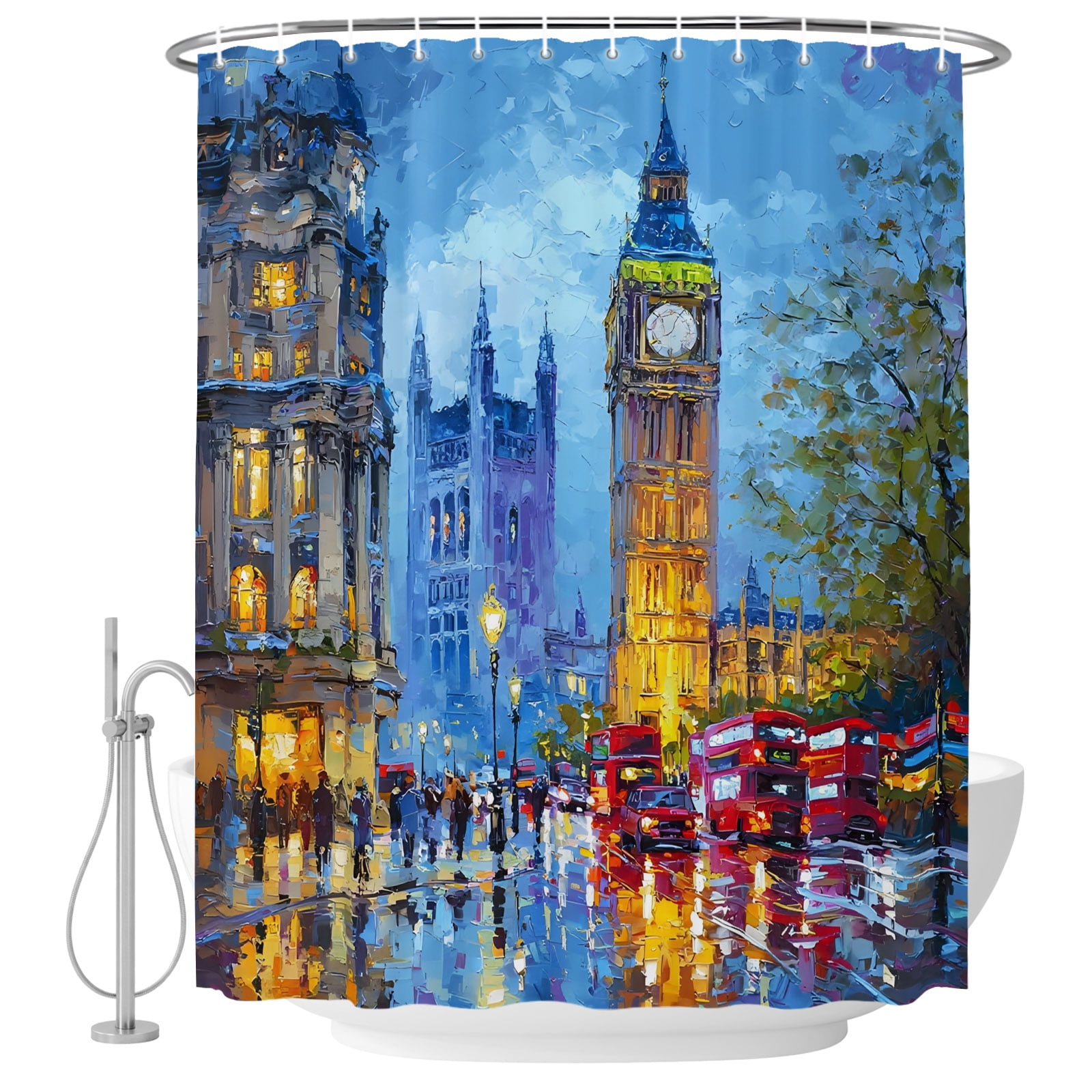 Big Ben Shower Curtain Set with Hooks, Urban Street Red Bus ...