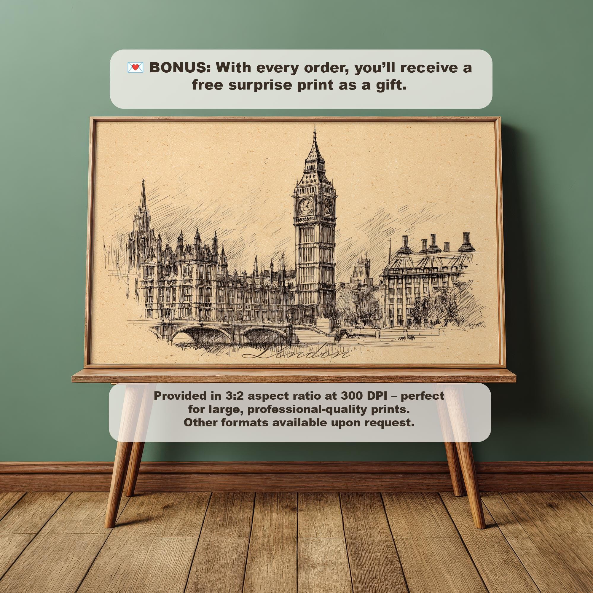 Big Ben Sketch Print: London Vintage Travel Decor (300 Dpi) UNFRAMED ...