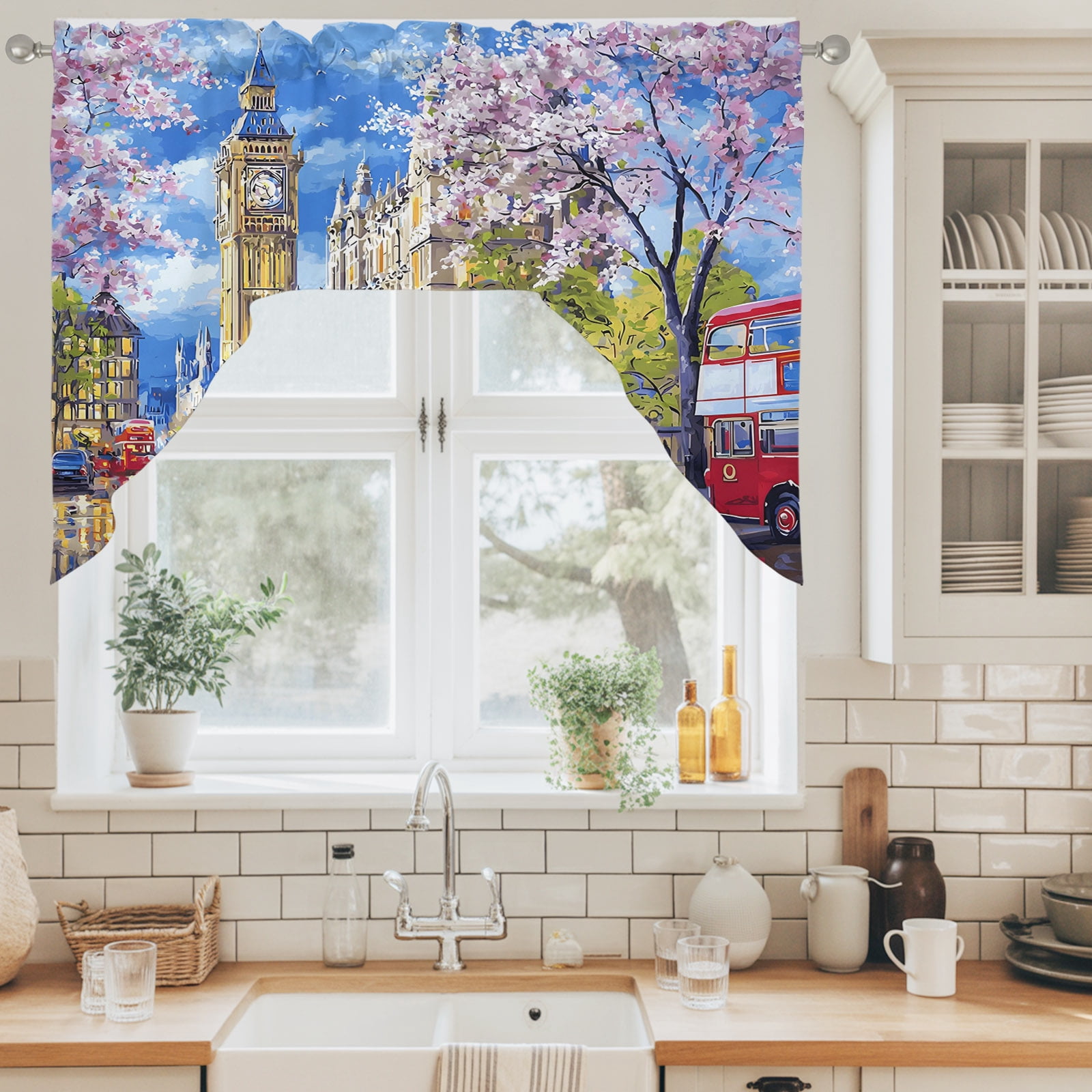 Big Ben Swag Curtain Valance for Windows, Spring Cherry Blossoms Red ...