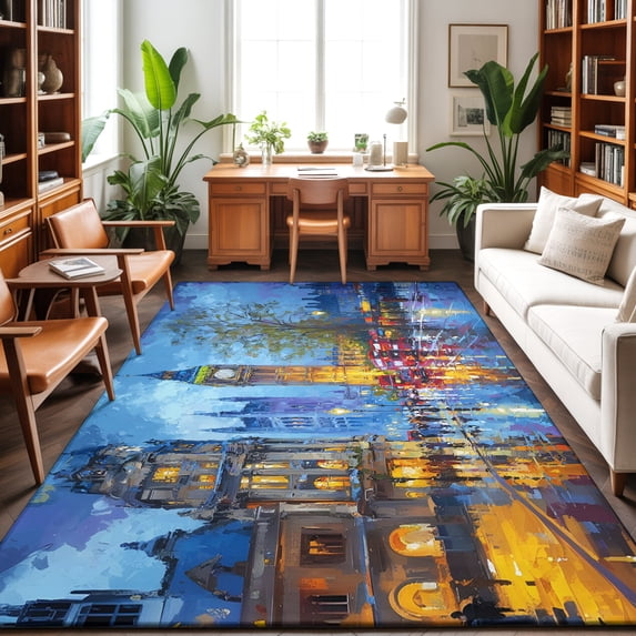 Big Ben Washable Area Rug 5 x 8 ft Urban Street Red Bus Impressionist ...