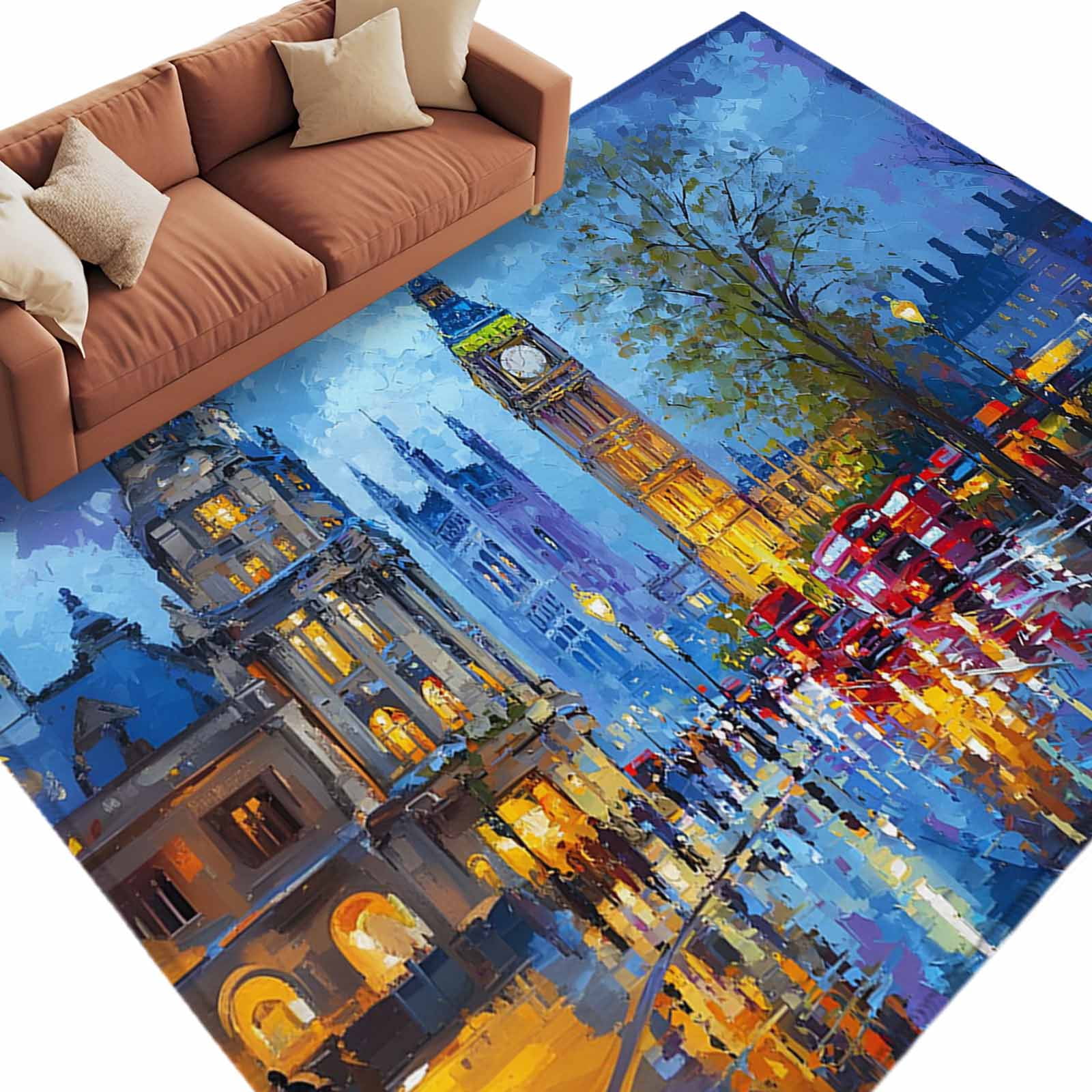 Big Ben Washable Living Room Rugs 5'x8', Urban Street Red Bus ...