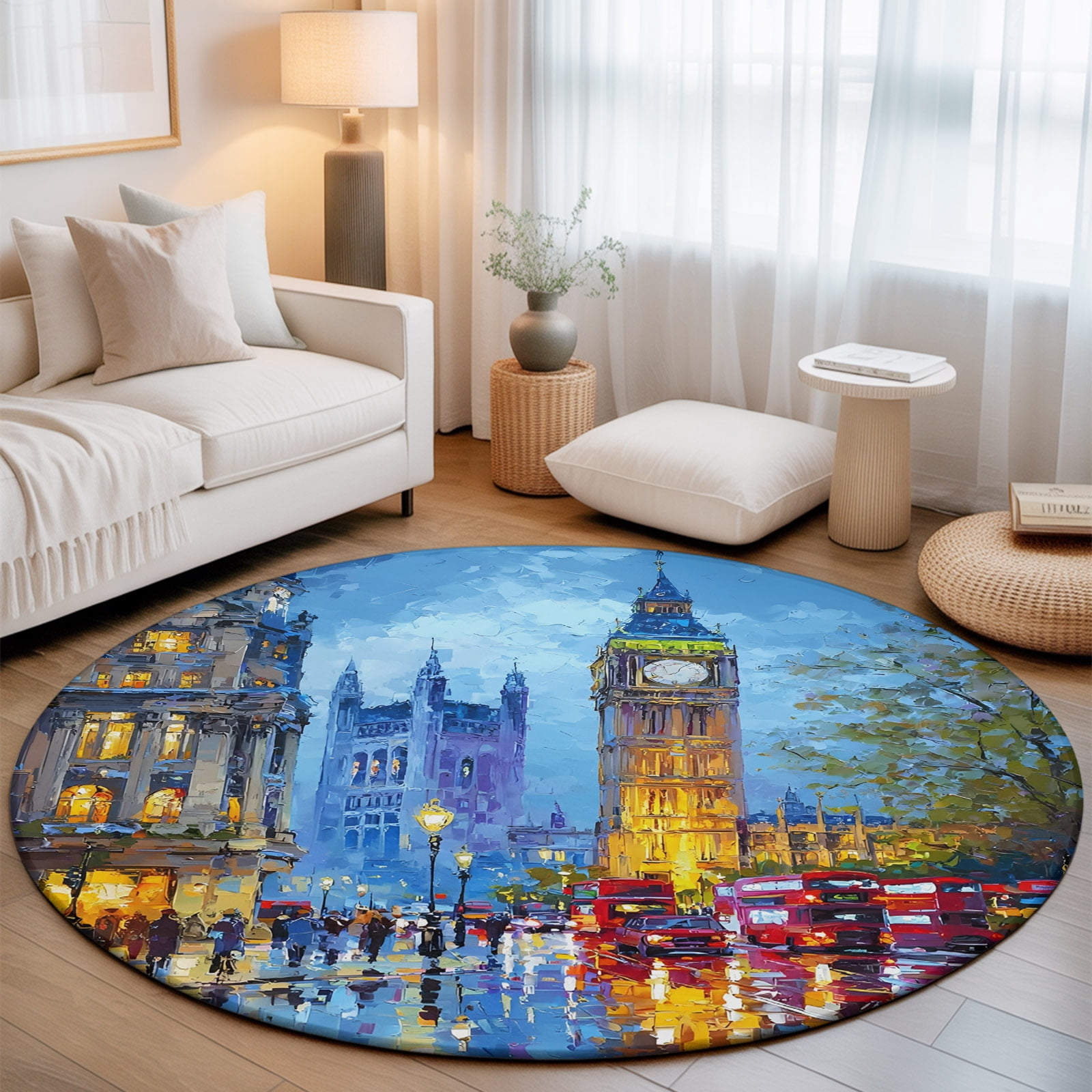 Big Ben Washable Round Area Rug 3.3 ft, Urban Street Red Bus ...