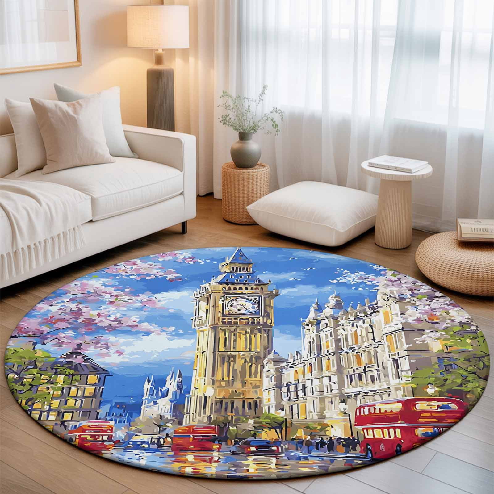Big Ben Washable Round Area Rug 5 ft, Spring Cherry Blossoms Red Bus ...