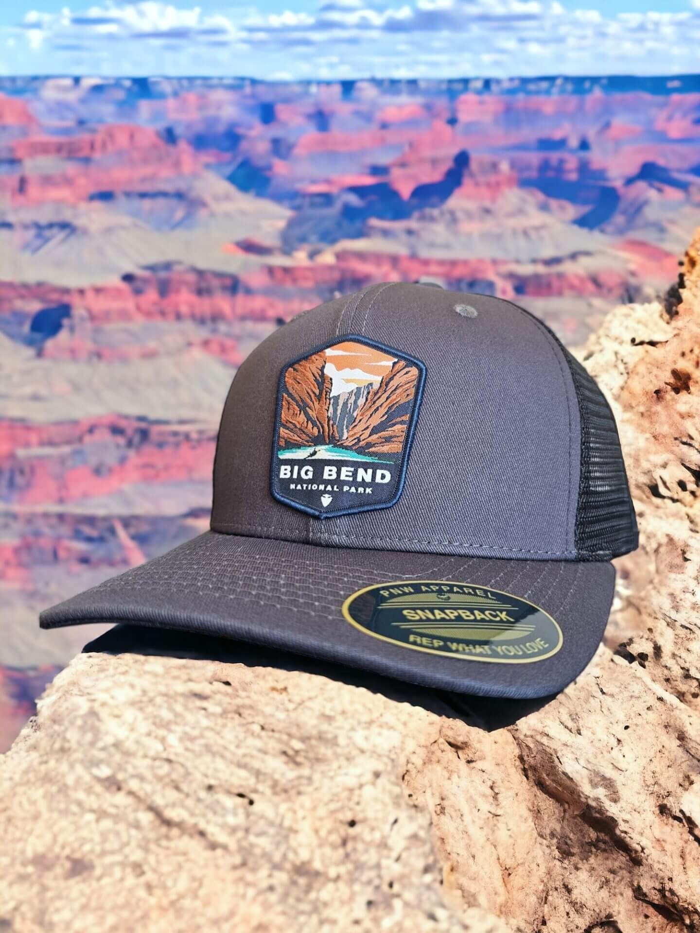 Big Bend Snapback Hat National Park Trucker Gifts Patch - Grey on Black ...